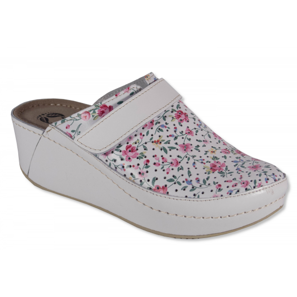 Saboti/Papuci MUBB albi cu flori din piele naturala (cod 666F2)